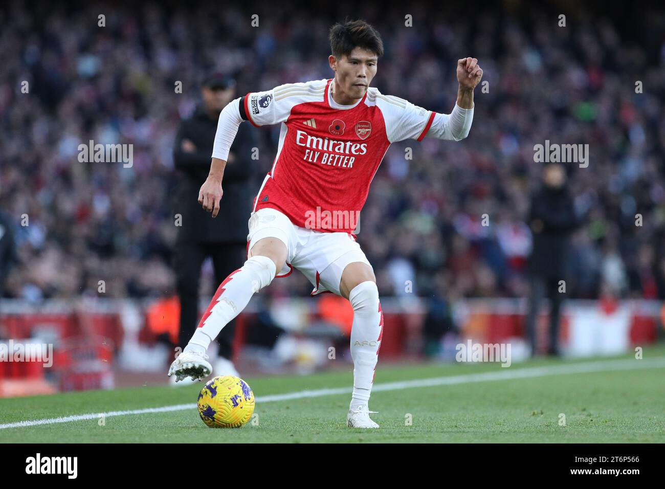 Takehiro Tomiyasu of Arsenal on the ball during the Premier League ...