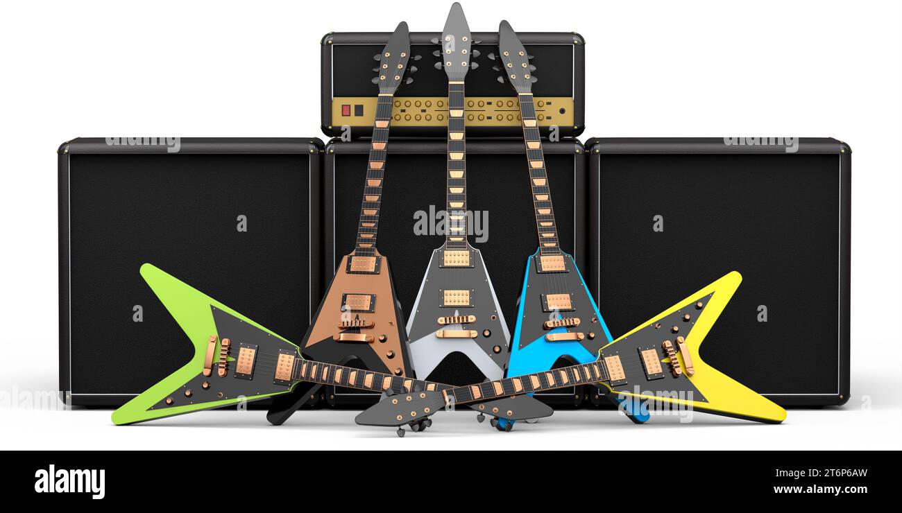 Set of electric acoustic guitar and amplifier on white background. 3d ...