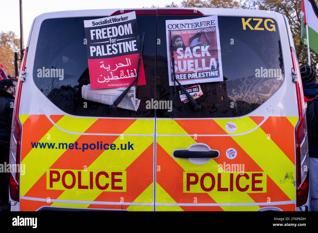 Police car with placards on the back "Freedom Palestine" and "Sack ...