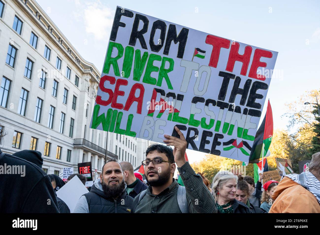 Protest against war on Gaza. Placard "From the river to the sea ...