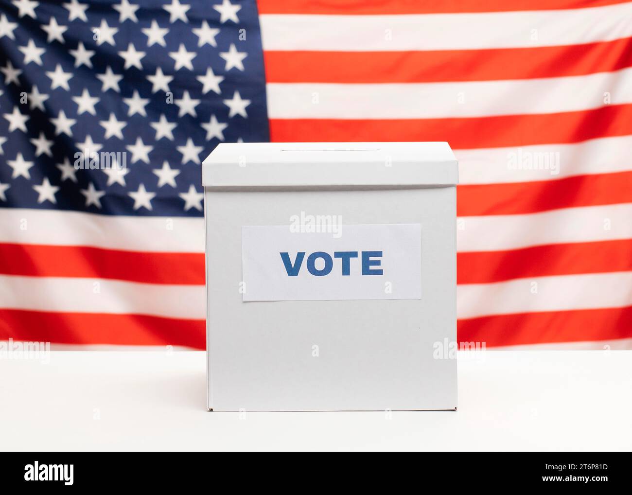 Front view white ballot box american flag Stock Photo - Alamy