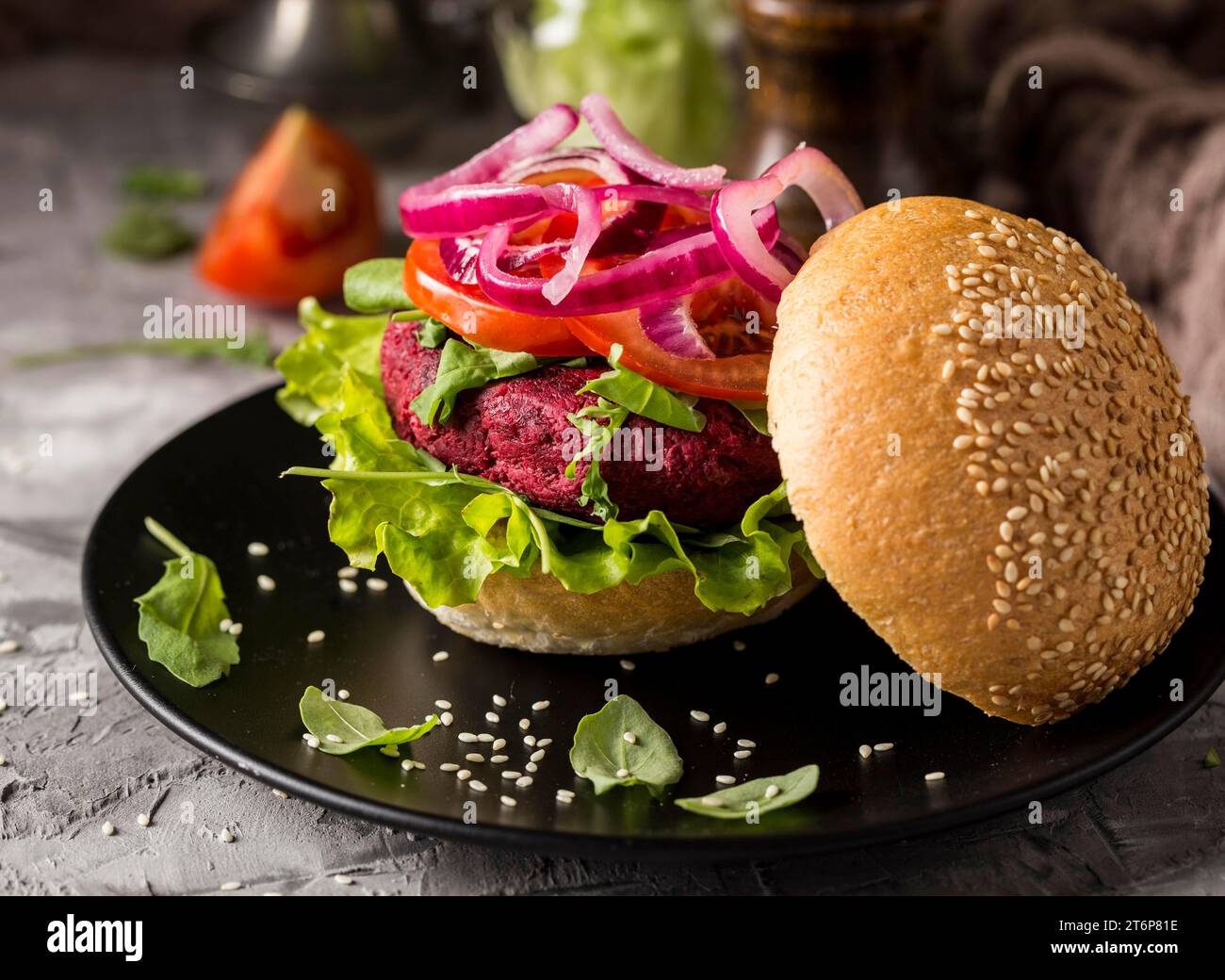 Front view veggie burger plate Stock Photo - Alamy