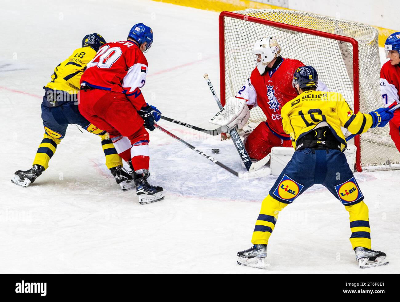 From left Filip Bystedt of Sweden, Czech Matej Pribyl, Czech goalie ...