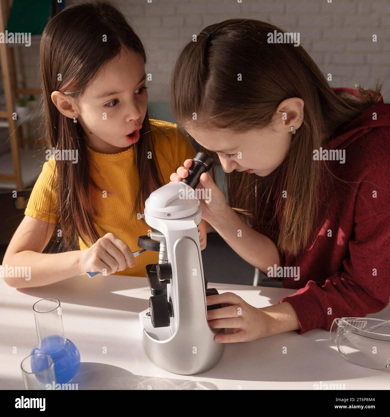 Medium shot girls learning with microscope Stock Photo - Alamy