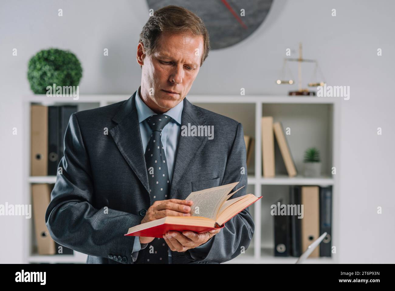 Portrait mature lawyer reading book courtroom Stock Photo - Alamy