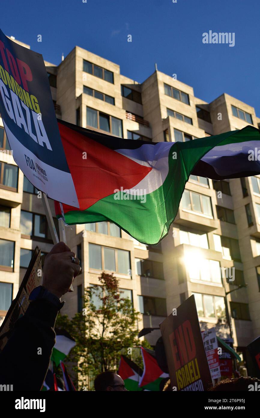 Palestinian flag blows proudly in the wind above the London pro ...