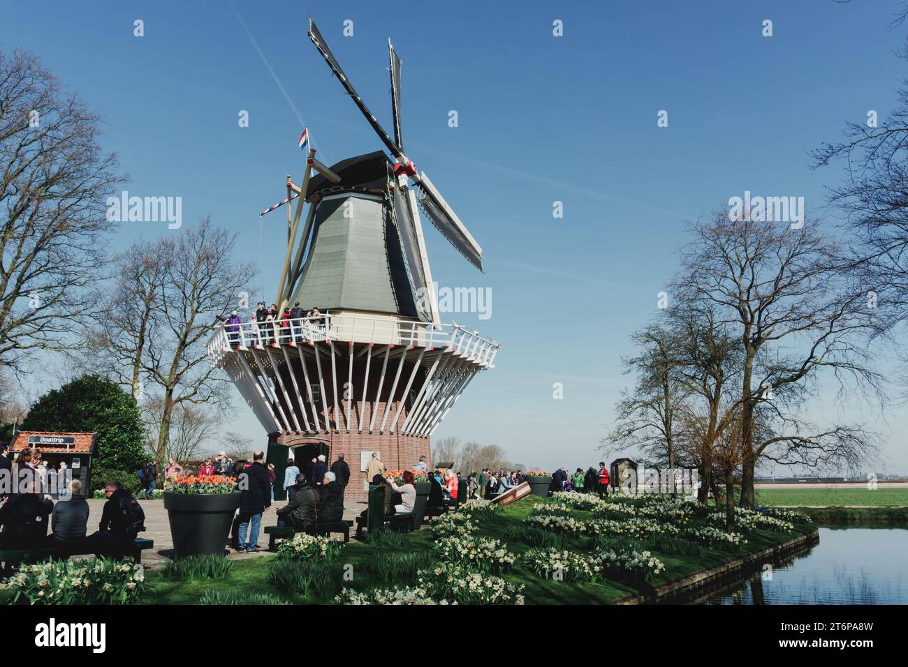 A traditional windmill stands tall against a clear sky as a group of ...