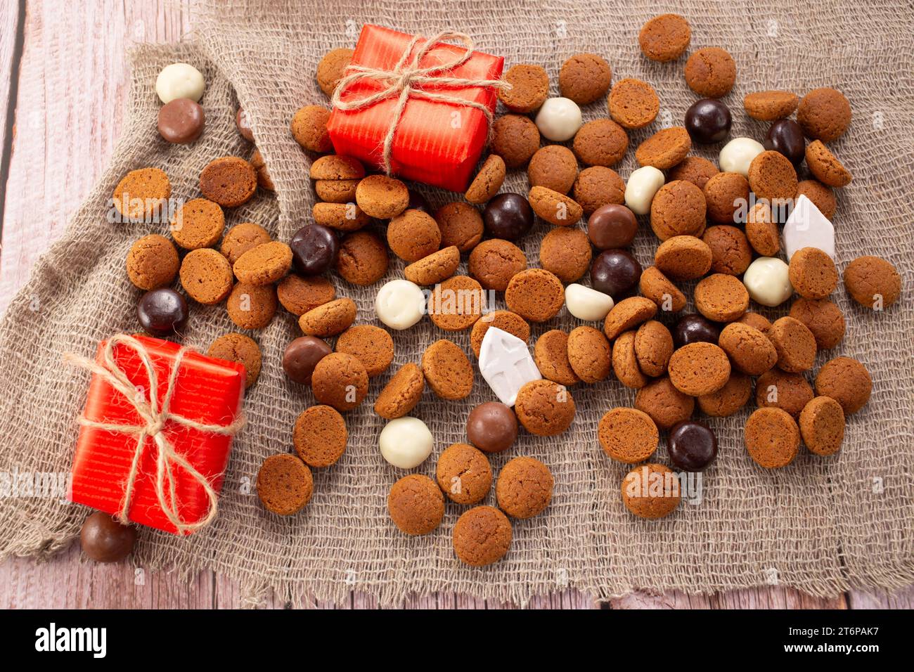 Dutch holiday Sinterklaas background with traditional sweets pepernoten ...