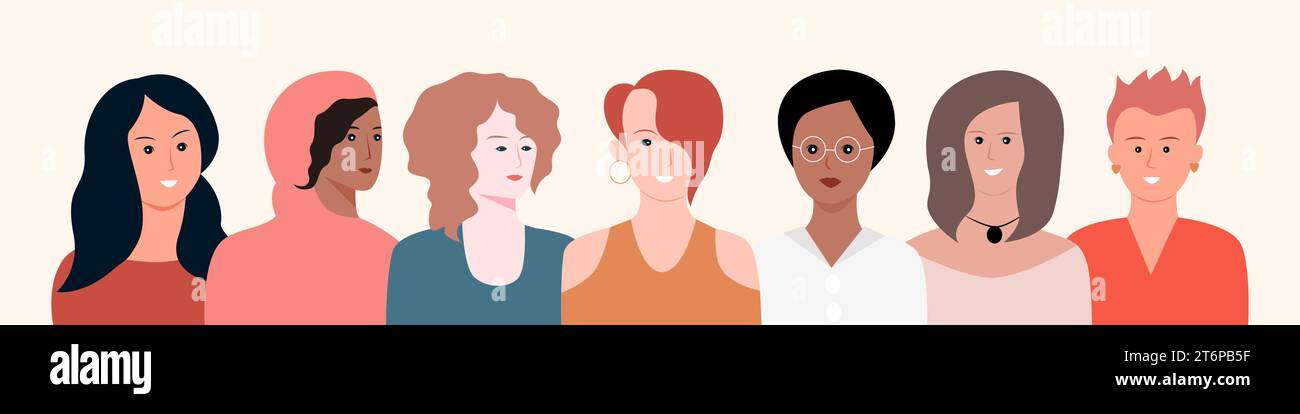 Banner of portraits of modern fashionable women. Feminist vector ...
