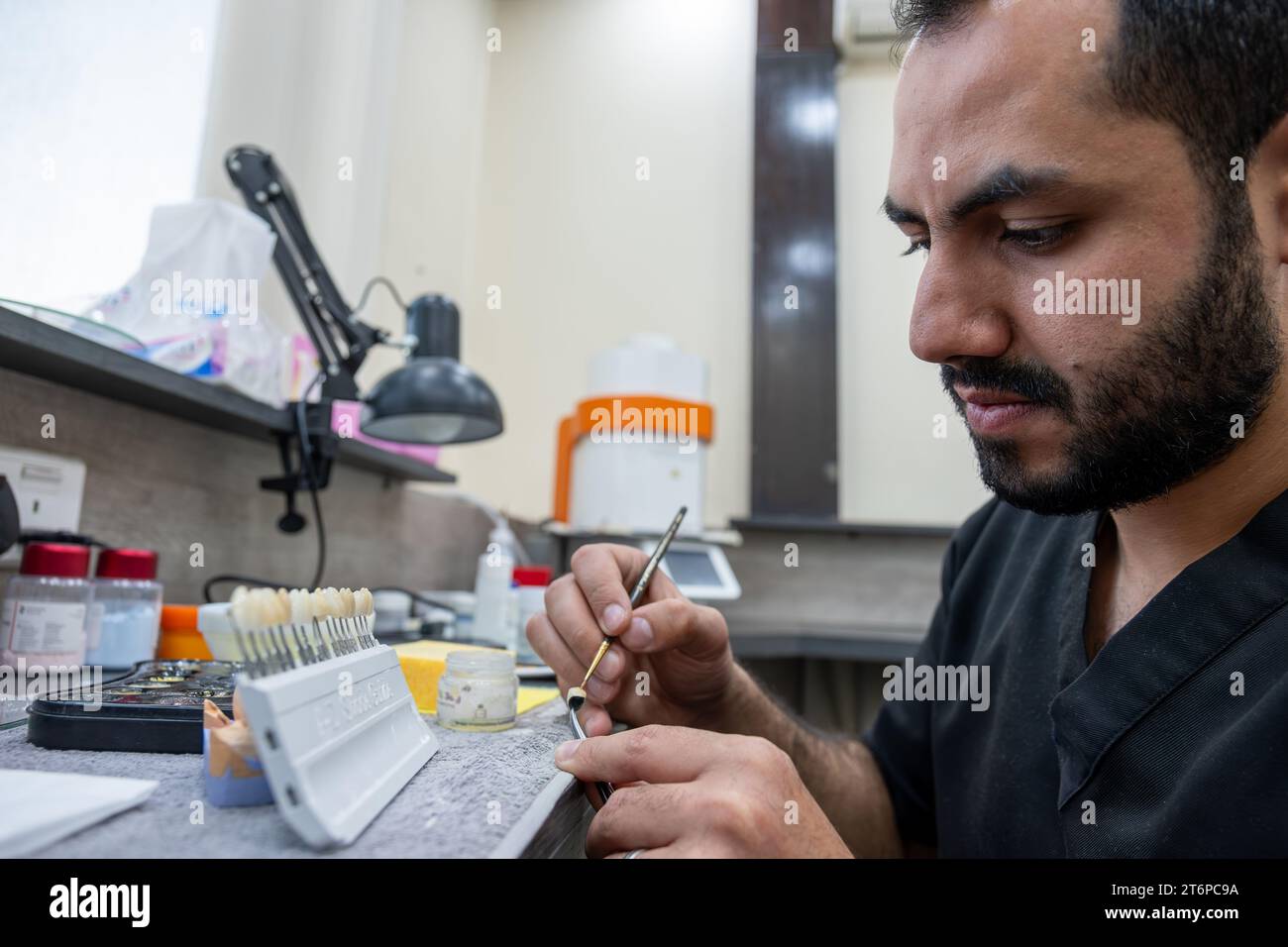 male checking A-D shade guide for tooth crowns to select the proper tooth color in technician ...