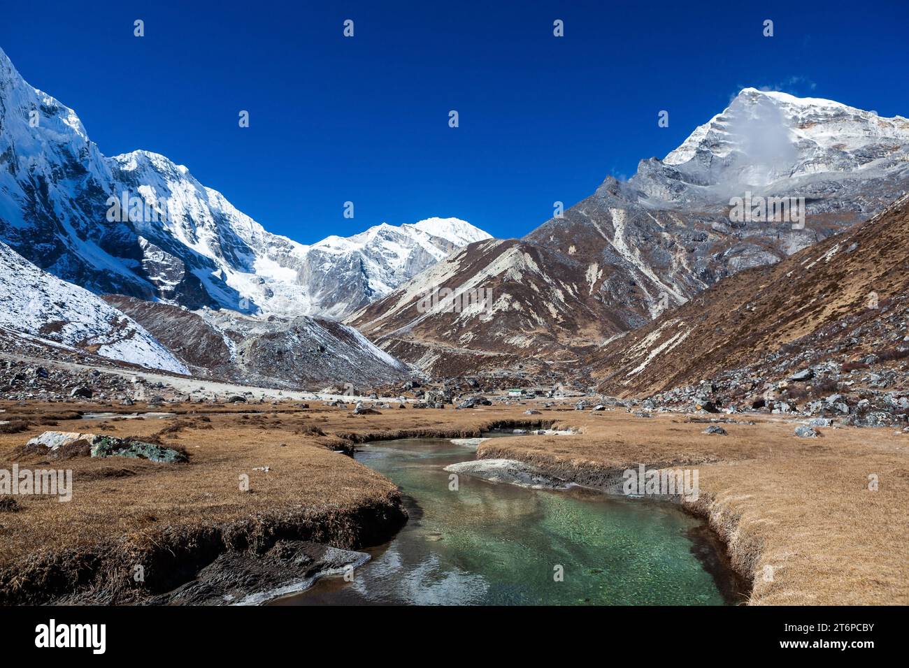 Beautiful Himalayan valley on the way to Tashi Lapcha pass. River ...