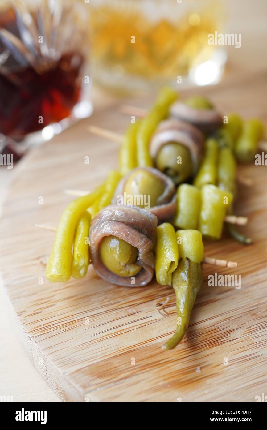 Gilda, typical Spanish tapas, Traditional Basque Country pincho with ...