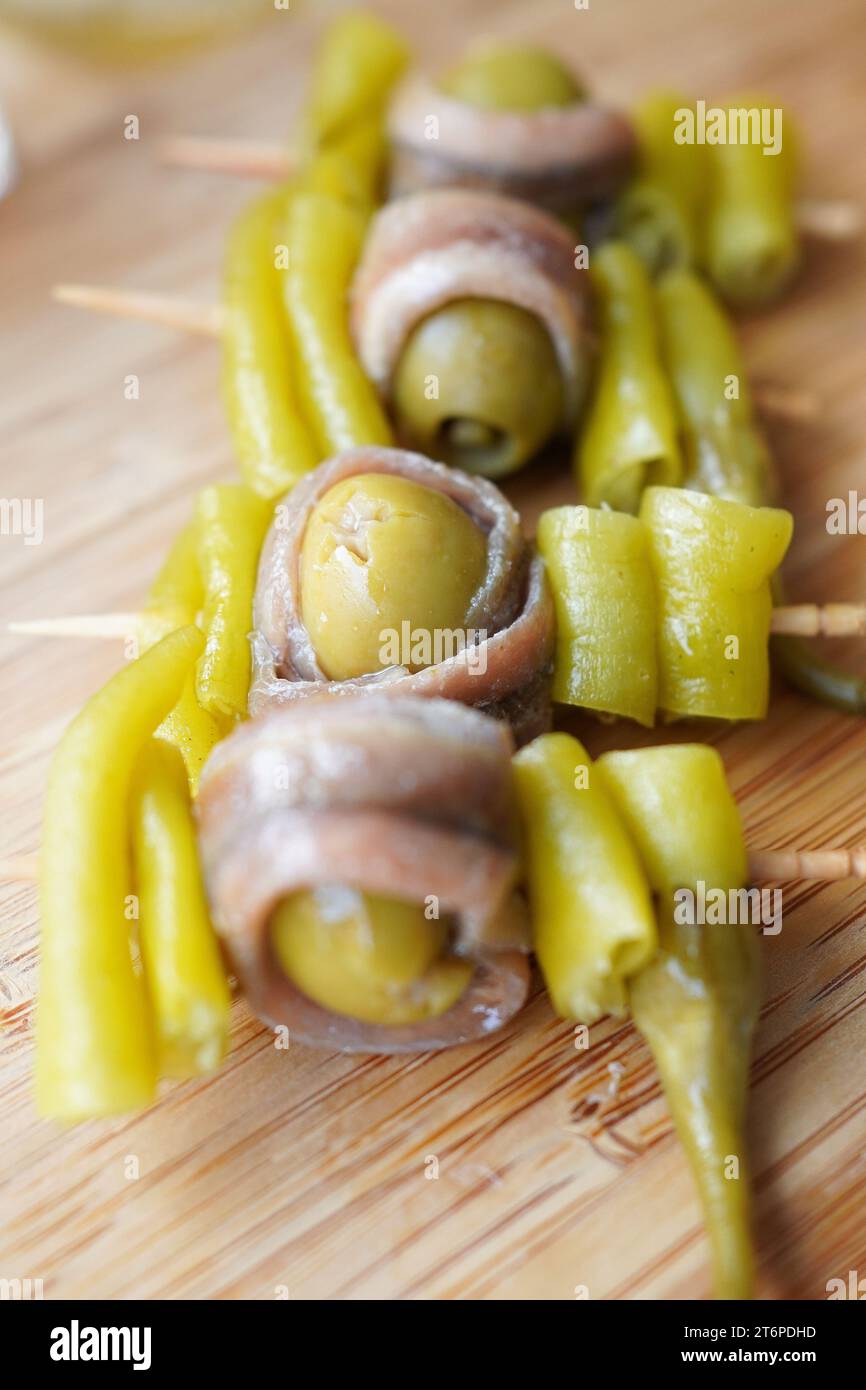 Gilda, typical Spanish tapas, Traditional Basque Country pincho with ...