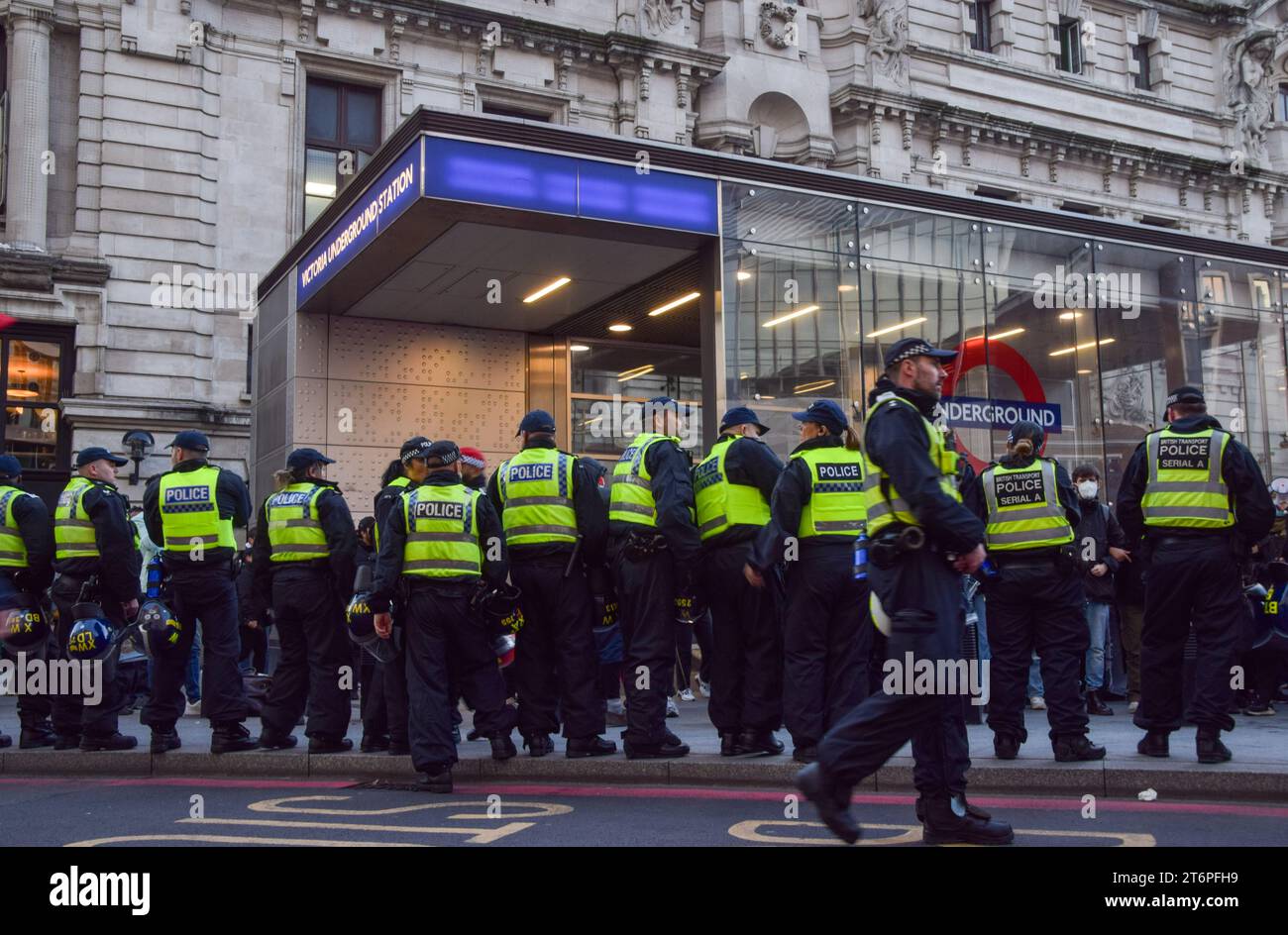 London, UK. 11th November 2023. Riot police outside Victoria Station ...