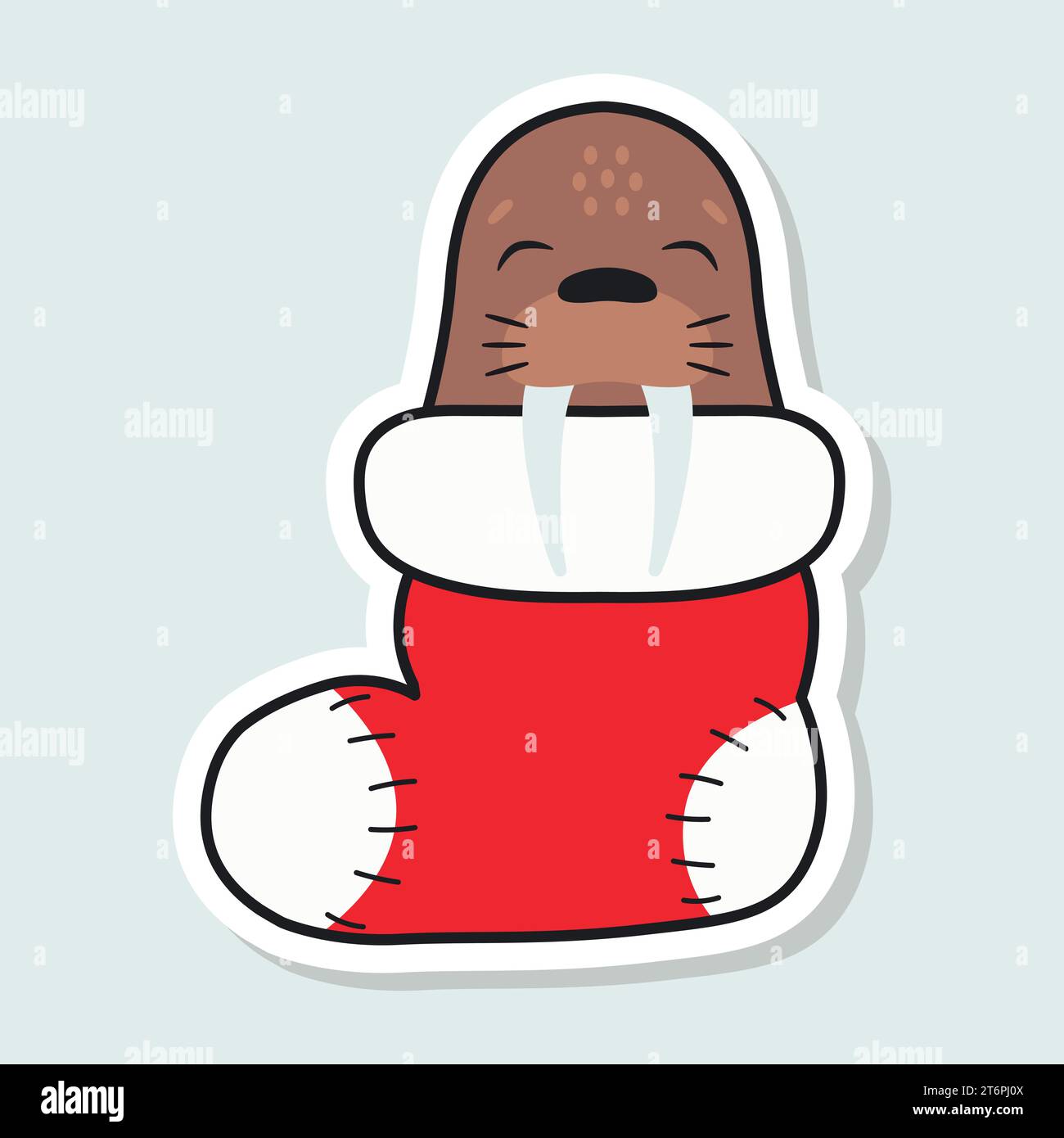 Cute walrus sleeps in a Christmas stocking. Cartoon sticker. Winter ...
