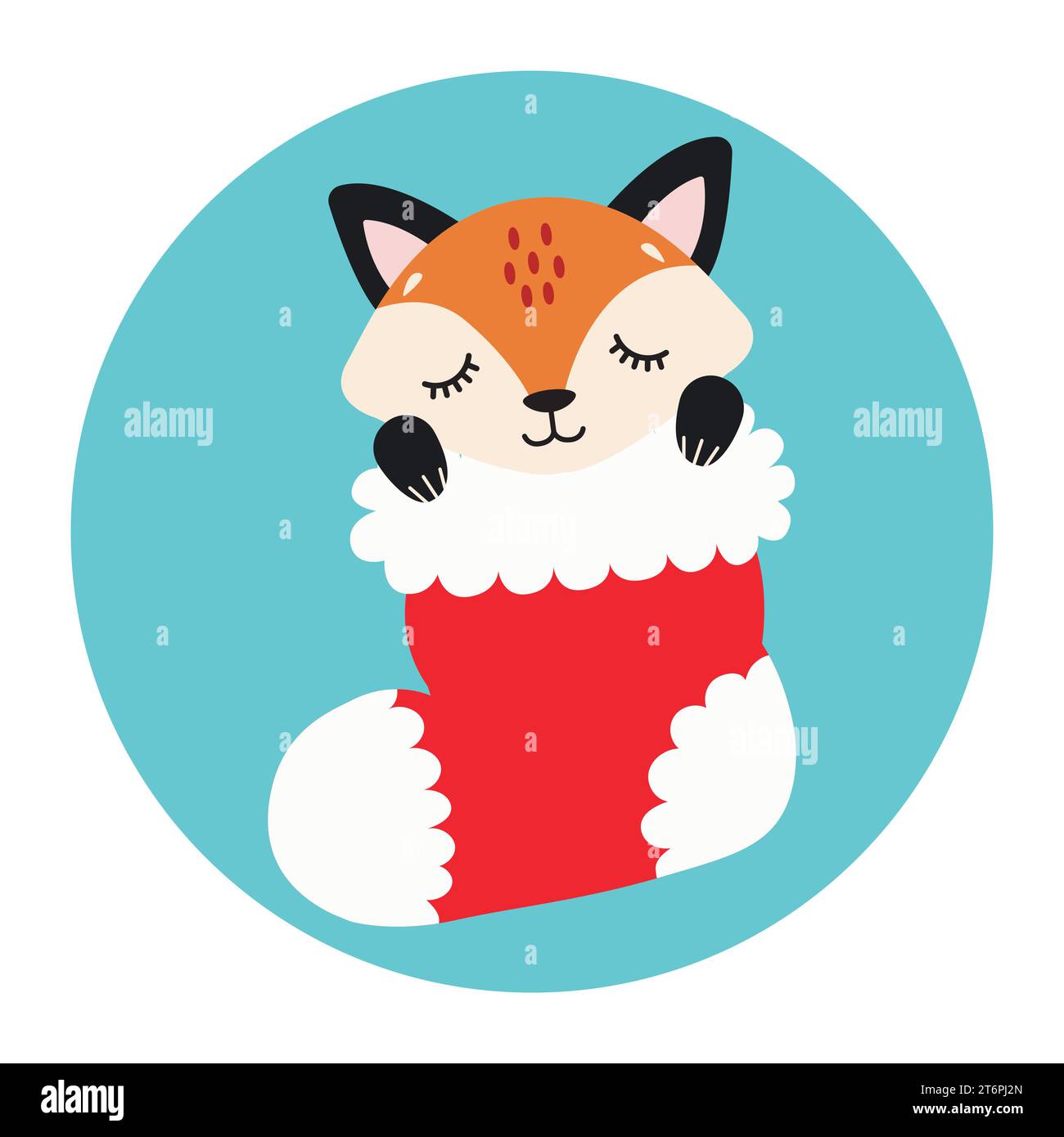 Cute little fox sleeps in a Christmas stocking. Happy Holidays. Winter ...