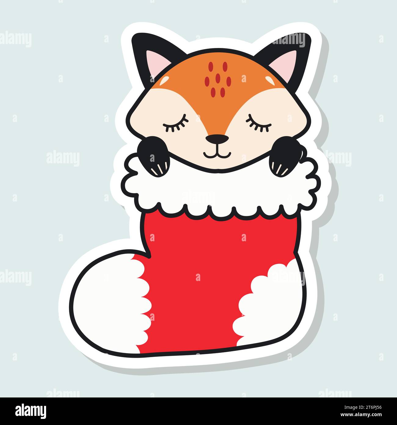 Cute little fox sleeps in a Christmas stocking. Happy Holidays. Winter ...