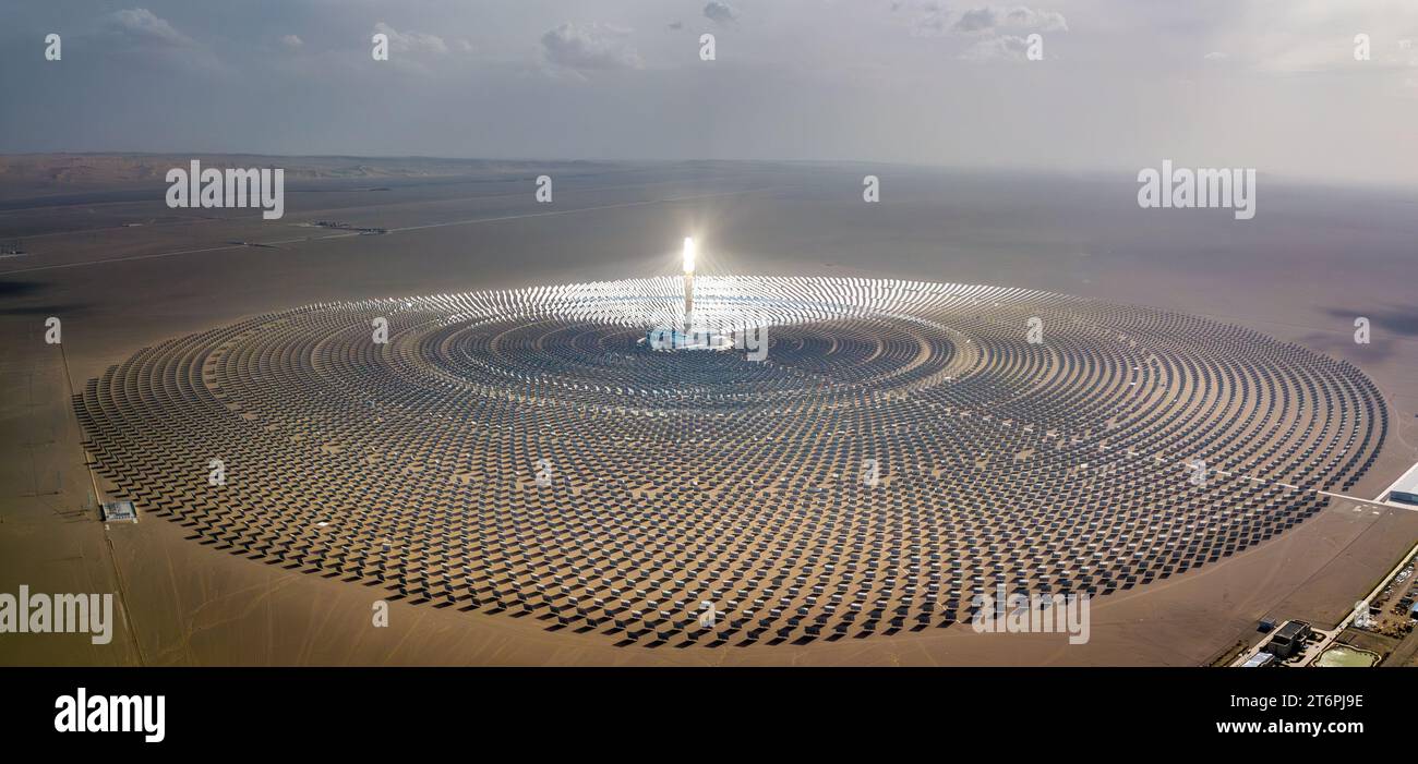 A molten salt tower solar thermal power station near Dunhuang, Gansu ...