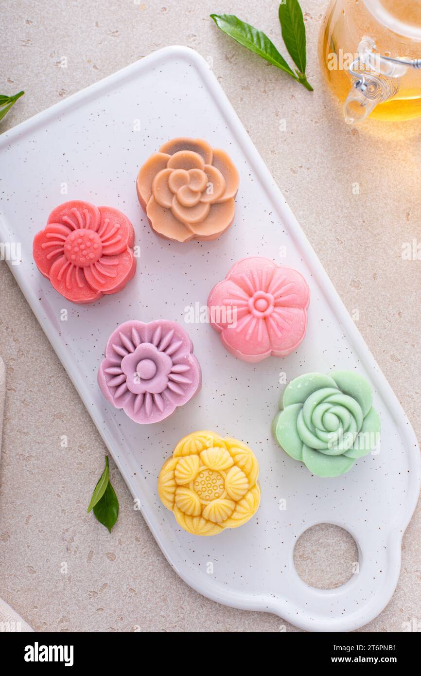 Traditional Chinese snow skin mooncakes for mid autumn festival with ...