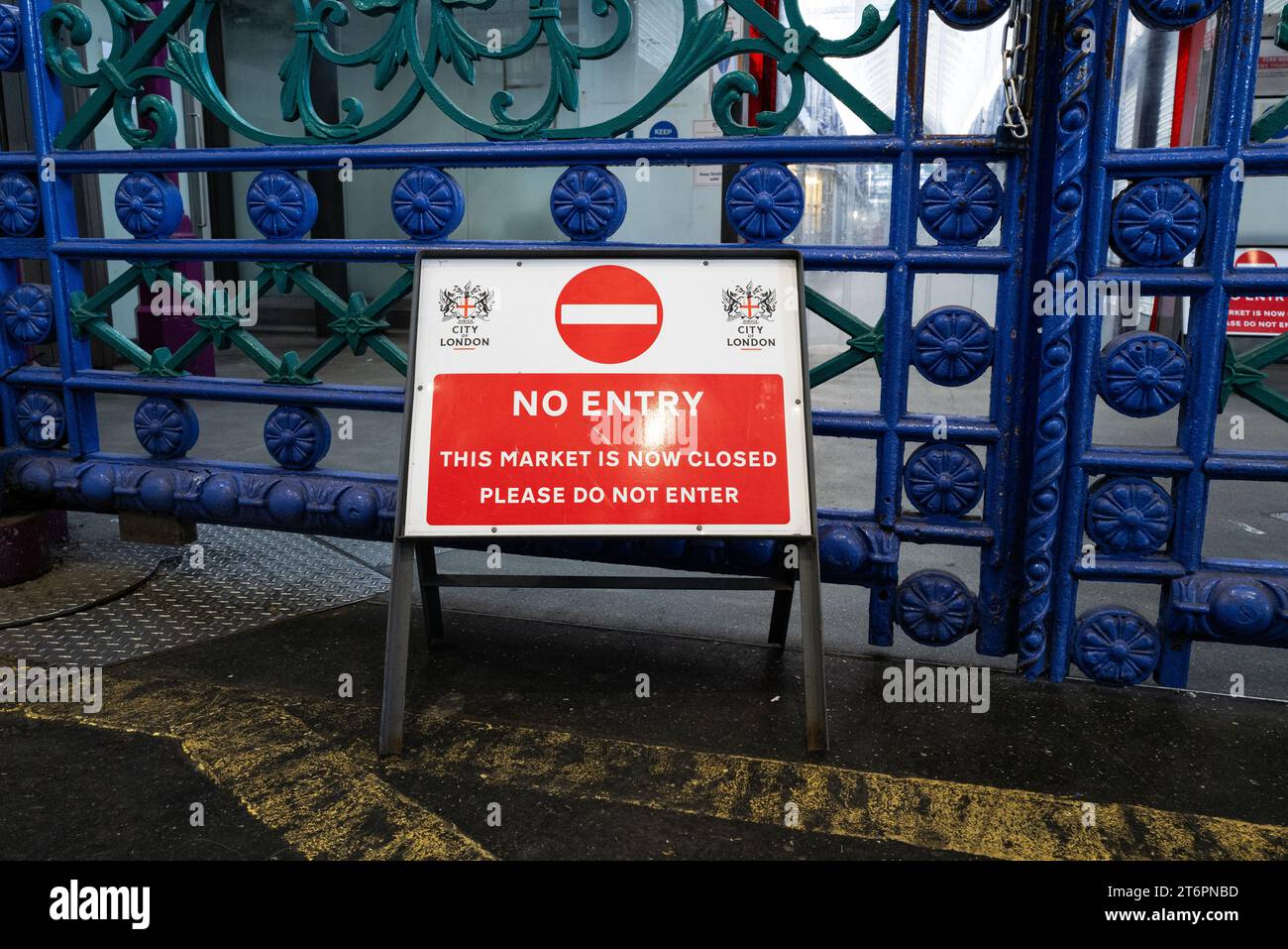 A no entry sign sits outside gates to Smithfield Market, London Stock ...