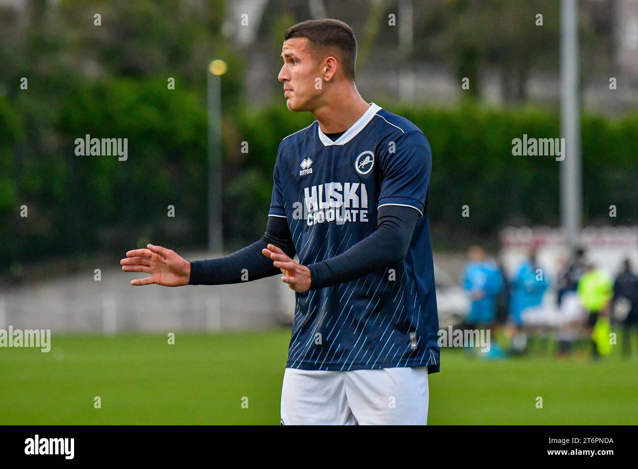 Swansea, Wales. 11 November 2023. Elidon O'Boyle of Millwall gestures ...
