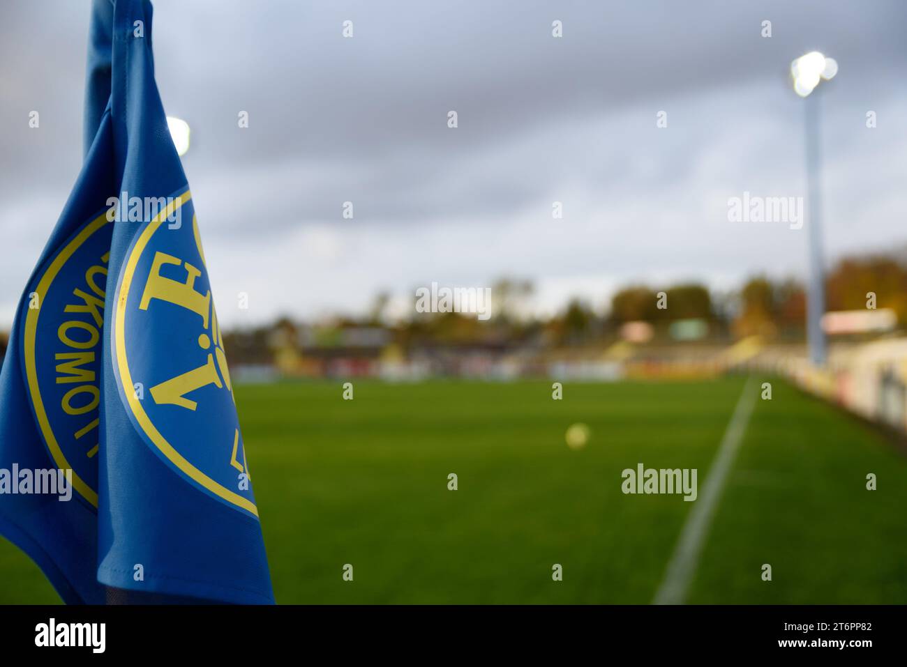 Corner flag with logo of Lok Leipzig before the Regionaliga Nordost ...