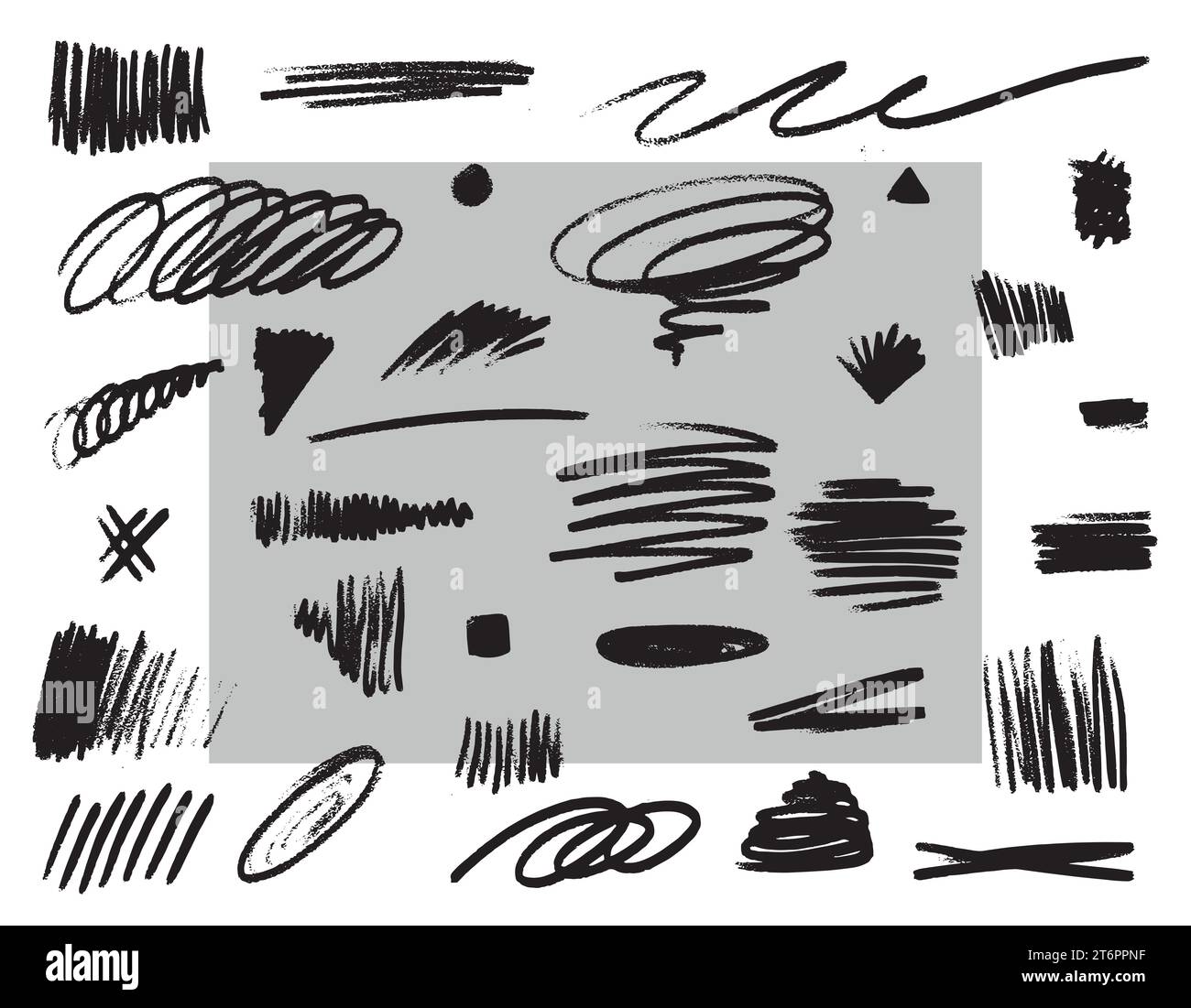 set of black strokes drawn with charcoal, squiggles and shapes. Hand ...