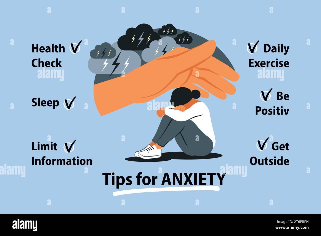 Tips for anxiety management infographic. Woman with anxiety, mood ...
