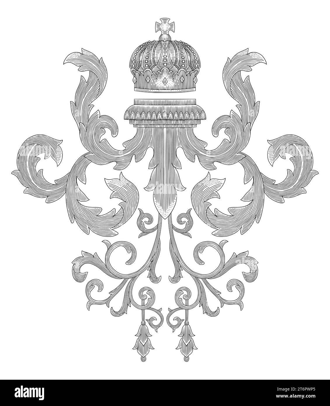 Crown with floral ornament, vintage engraving drawing style ...