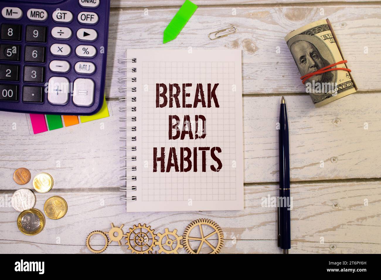 Break bad habits symbol. Words 'Break bad habits' on white note. Yellow ...