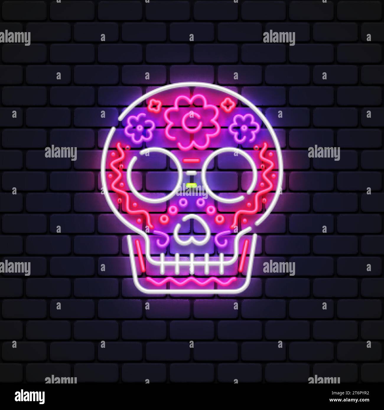 Neon sign of skull for decoration and covering on the wall background ...