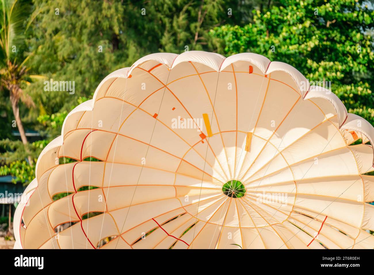 Very close up photo of open parachute, just after landing. Sunny day ...