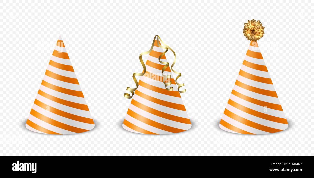 Vector 3d Realistic Orange and White Birthday Party Hat Icon Set ...