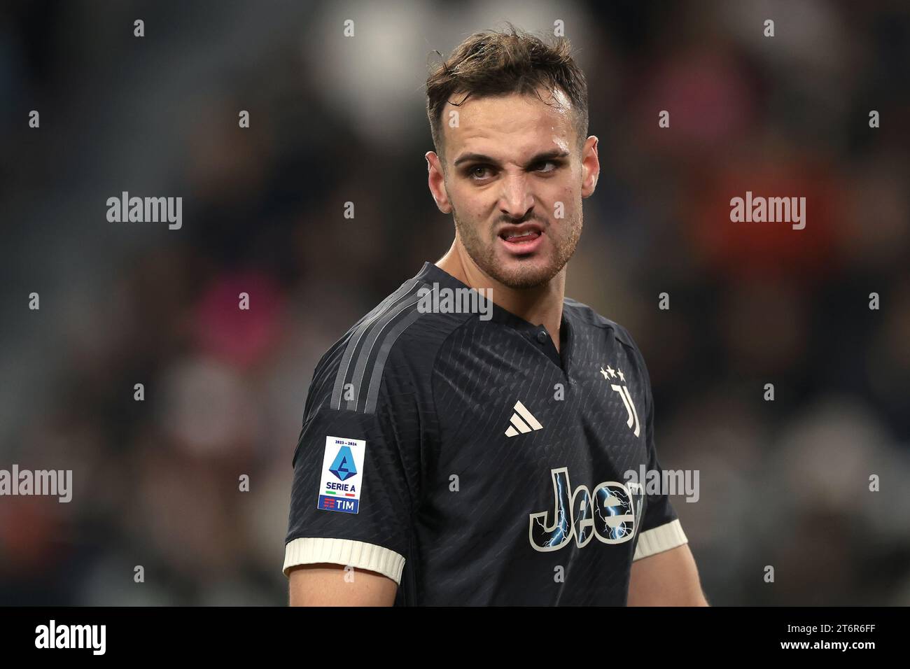 Turin, Italy, 11th November 2023. Federico Gatti of Juventus reacts ...