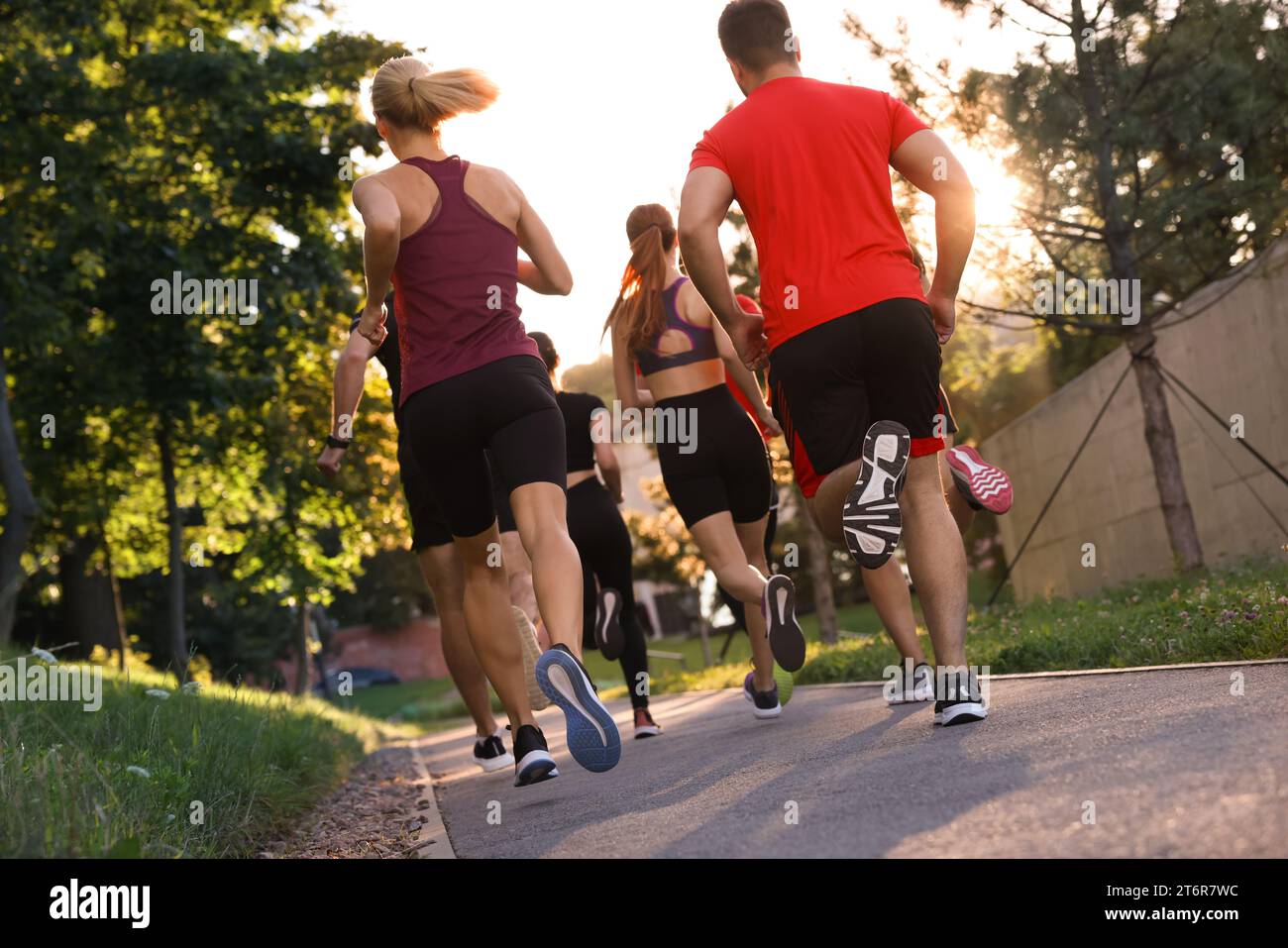 Group of people running outdoors, back view Stock Photo - Alamy