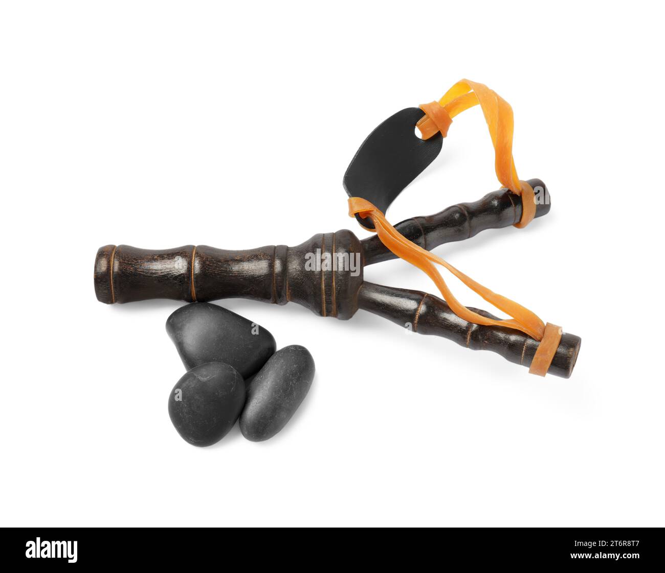 Black wooden slingshot with stones on white background Stock Photo - Alamy