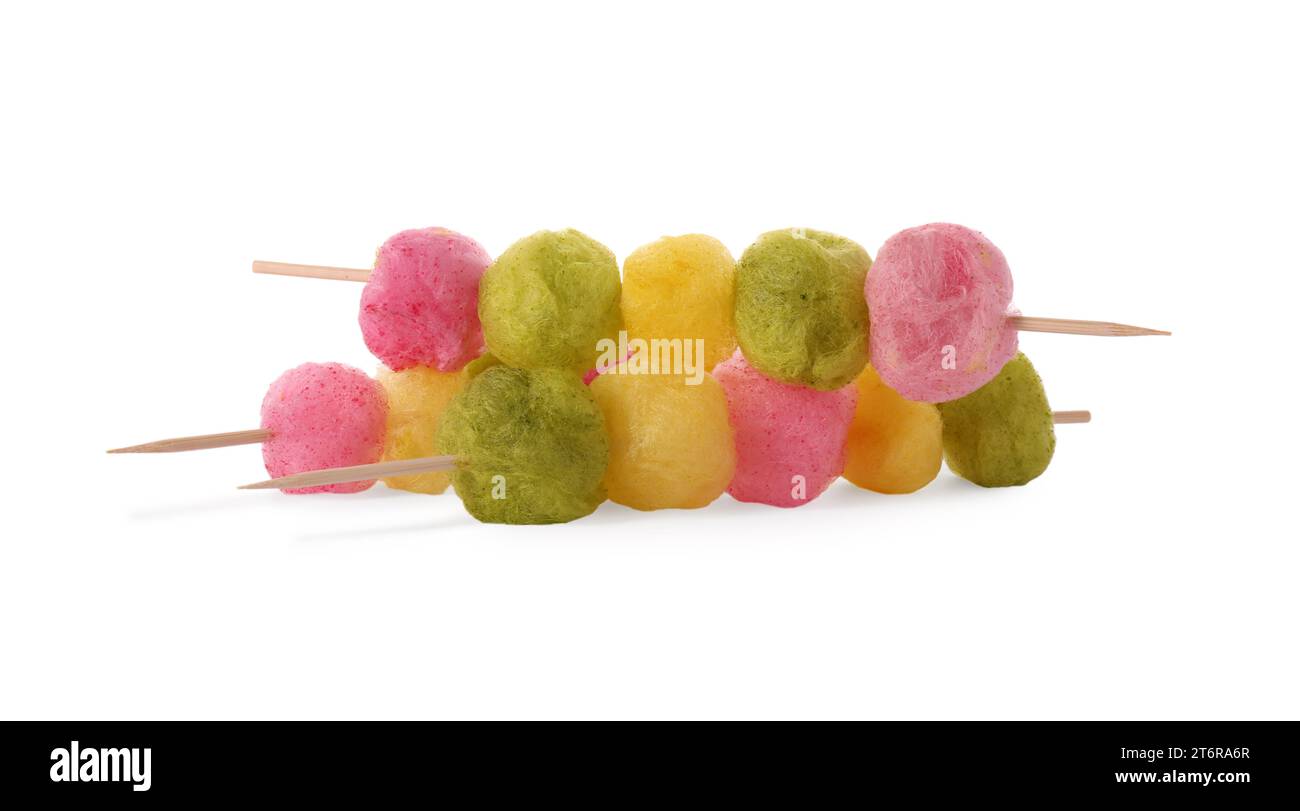 Skewers with color cotton balls isolated on white. Sweet candy Stock ...