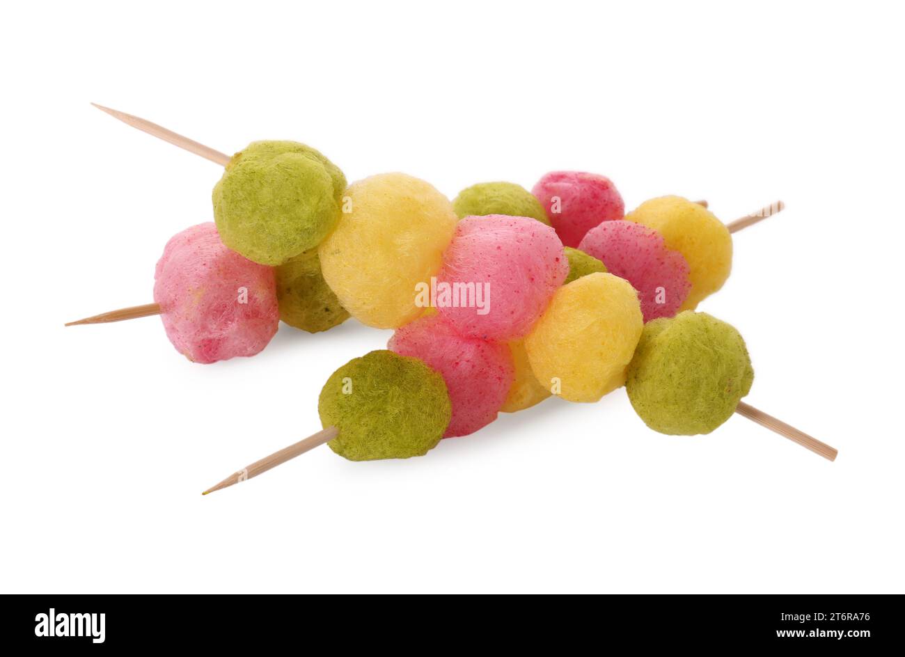 Skewers with color cotton balls isolated on white. Sweet candy Stock ...