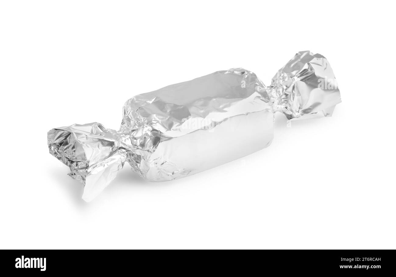 Tasty candy in silver wrapper isolated on white Stock Photo - Alamy