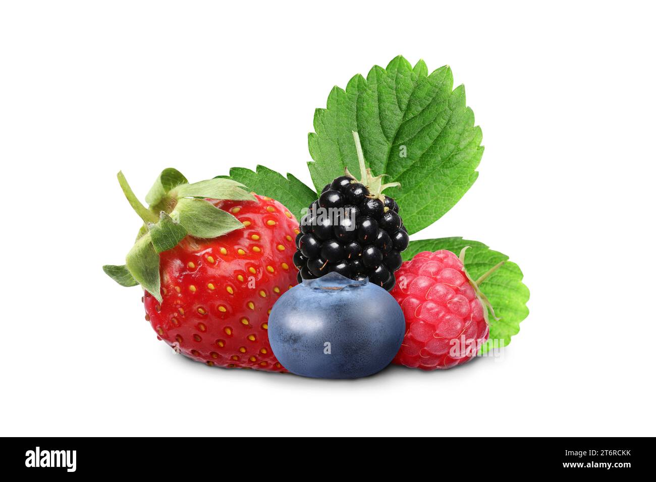 Different fresh ripe berries and green leaves isolated on white Stock ...