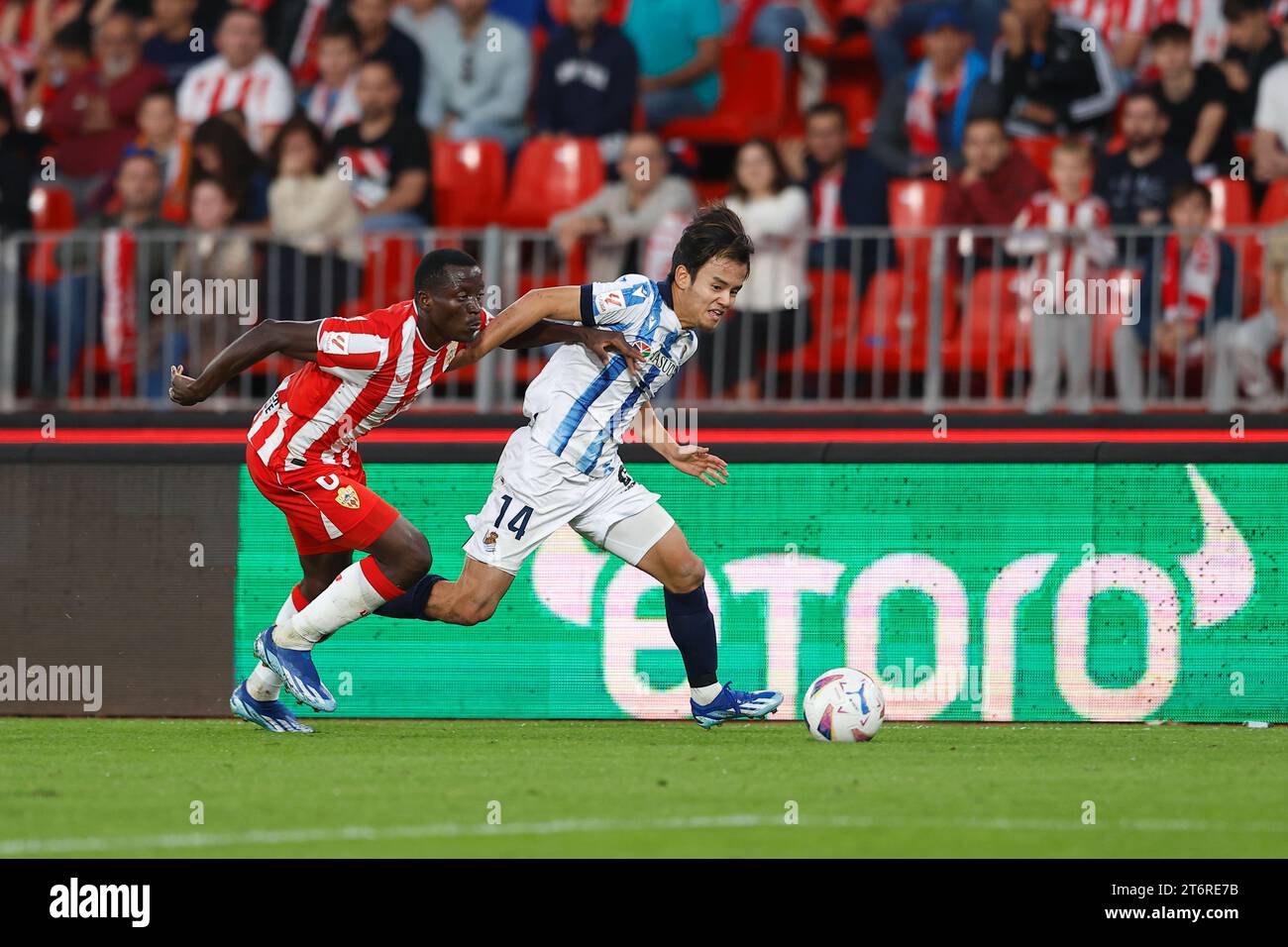 (L-R) Dion Lopy (Almeria), Takefusa Kubo (Sociedad), NOVEMBER 11, 2023 ...