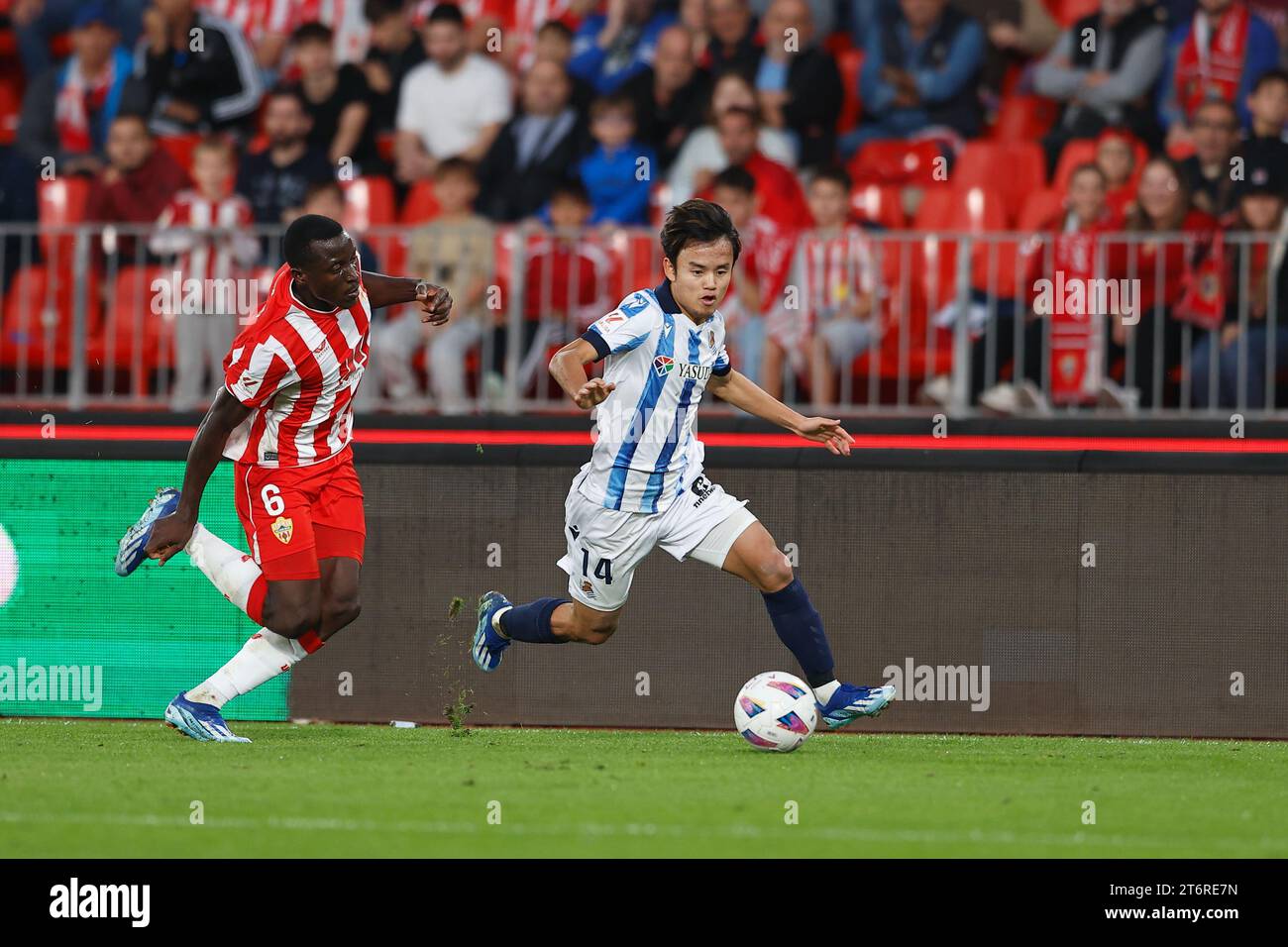 (L-R) Dion Lopy (Almeria), Takefusa Kubo (Sociedad), NOVEMBER 11, 2023 ...