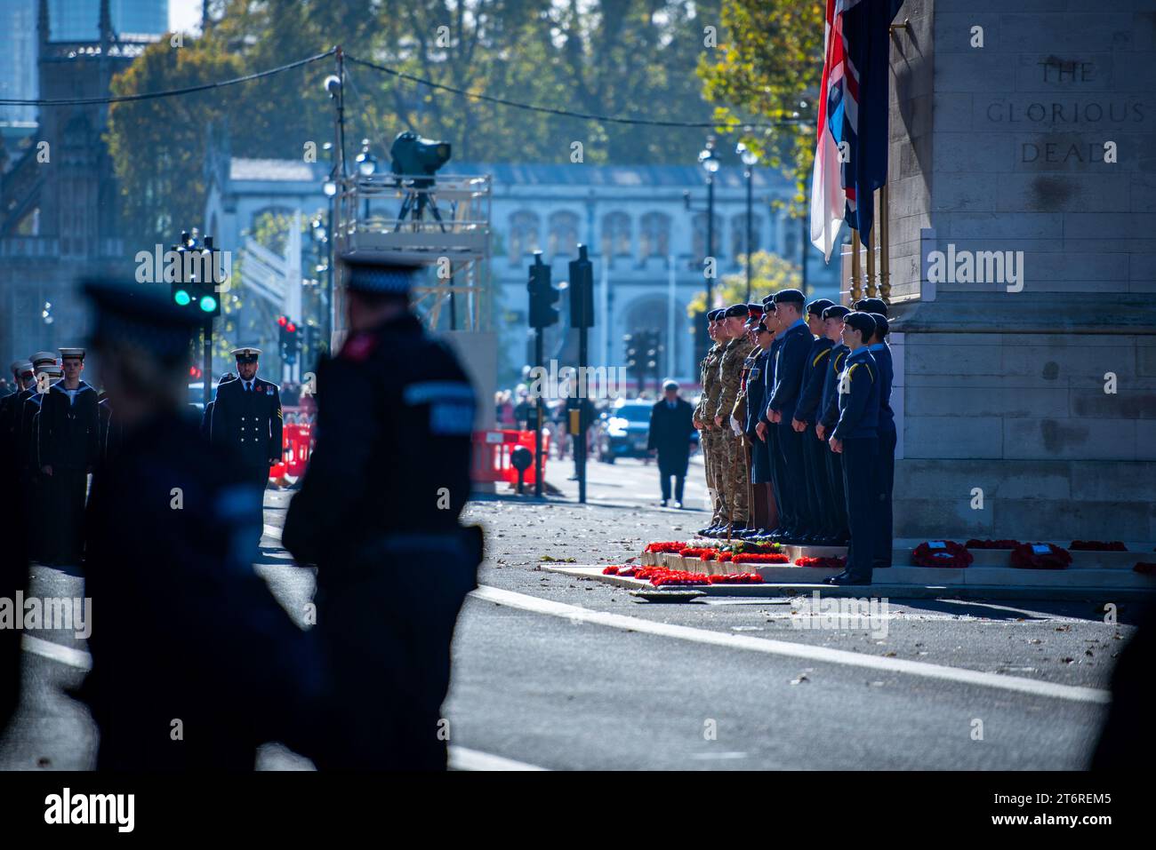 The military personnel pose at the Cenotaph on Armistice Day 2023 at ...