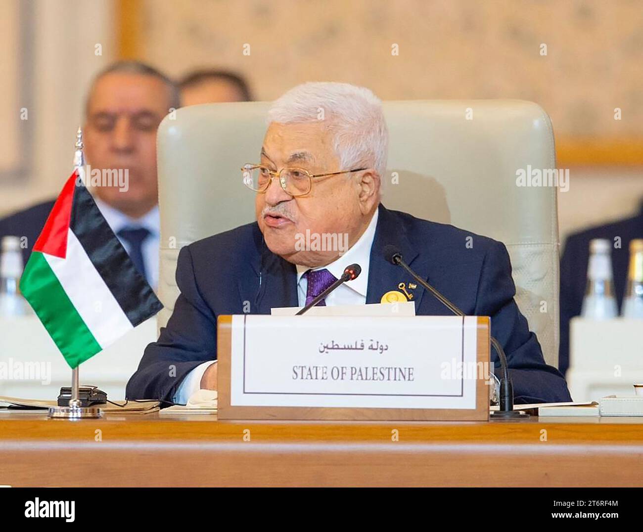 Palestinian President Mahmud Abbas is seen during an emergency meeting ...