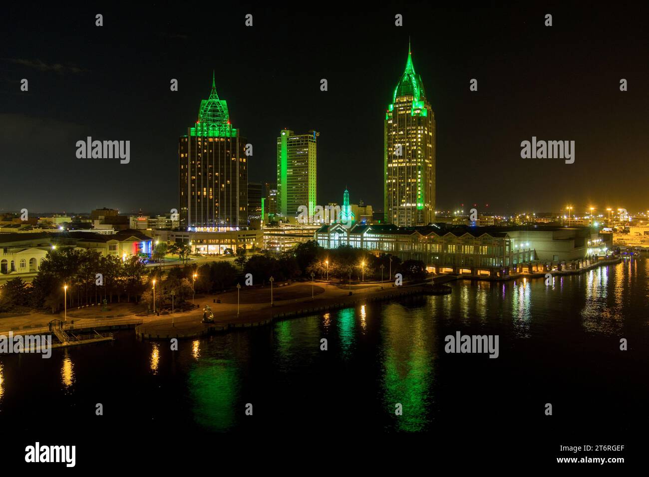 Aerial view of the downtown Mobile, Alabama waterfront at night Stock ...