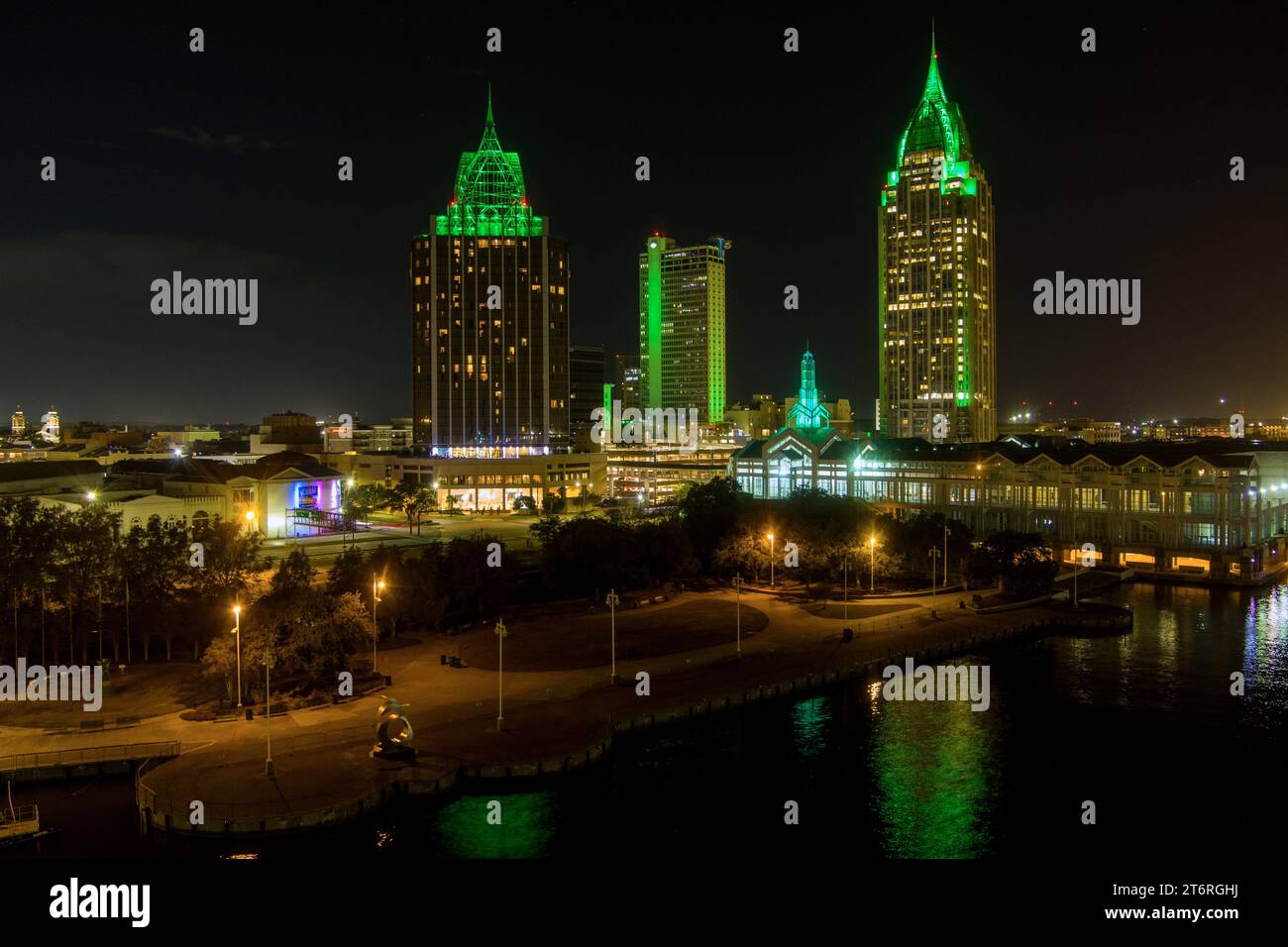Aerial view of the downtown Mobile, Alabama waterfront at night Stock ...