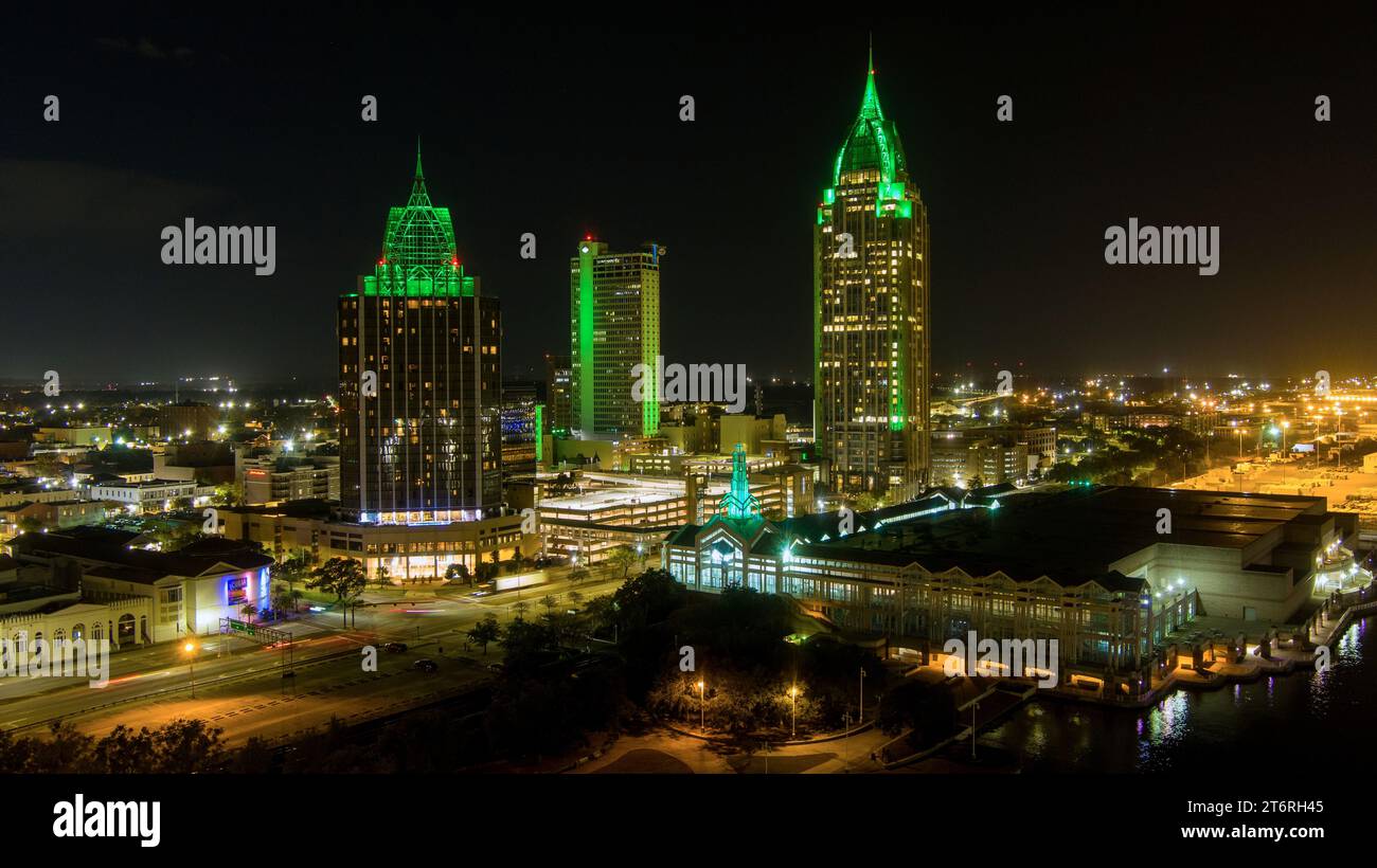 Aerial view of the downtown Mobile, Alabama waterfront at night Stock ...