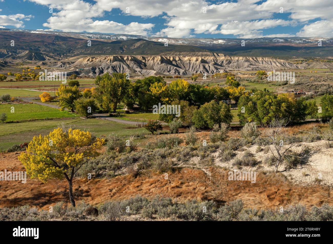 Farmland and badlands of Delta County, Colorado, near Eckert/Orchard ...