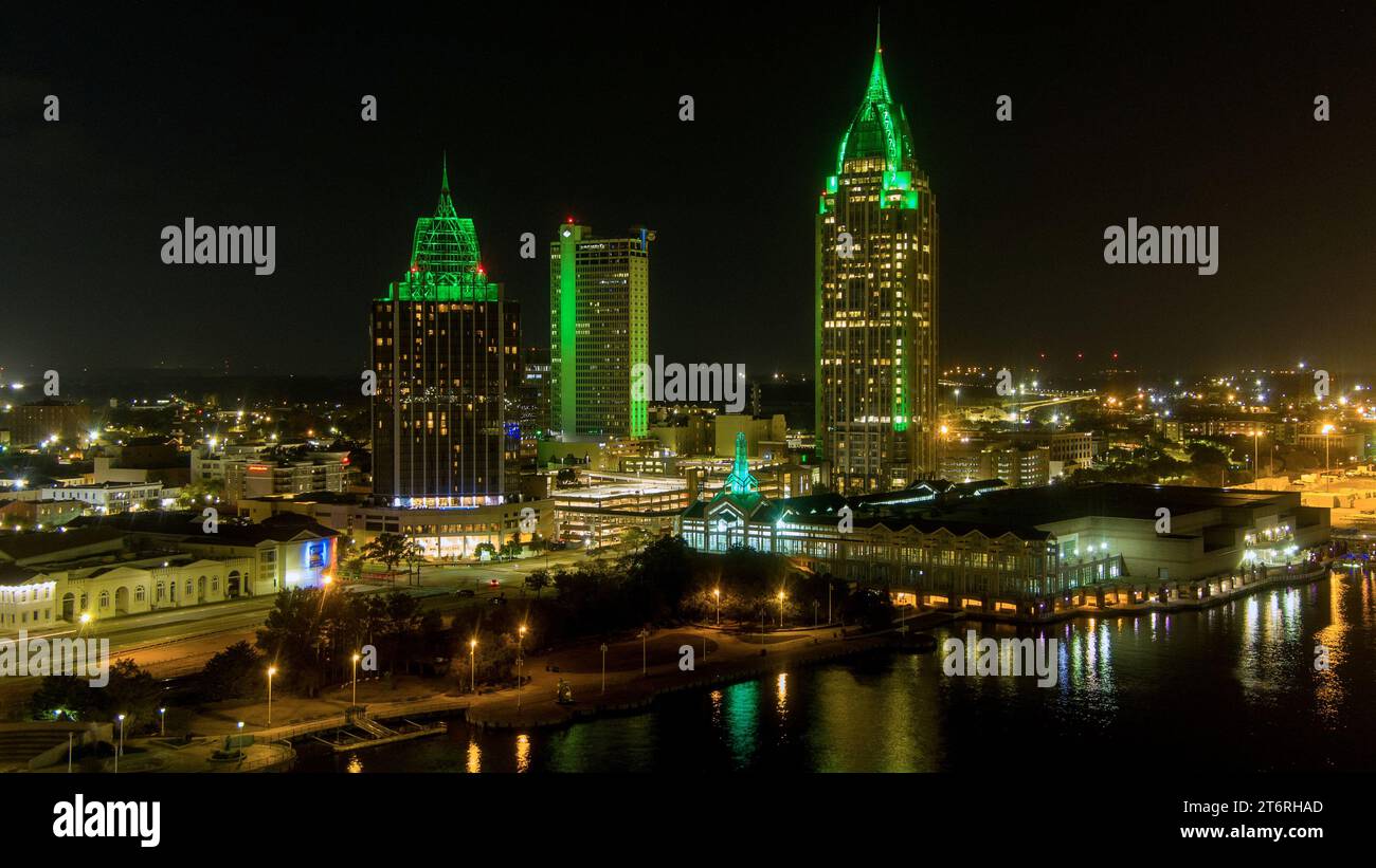 Aerial view of the downtown Mobile, Alabama waterfront at night Stock ...