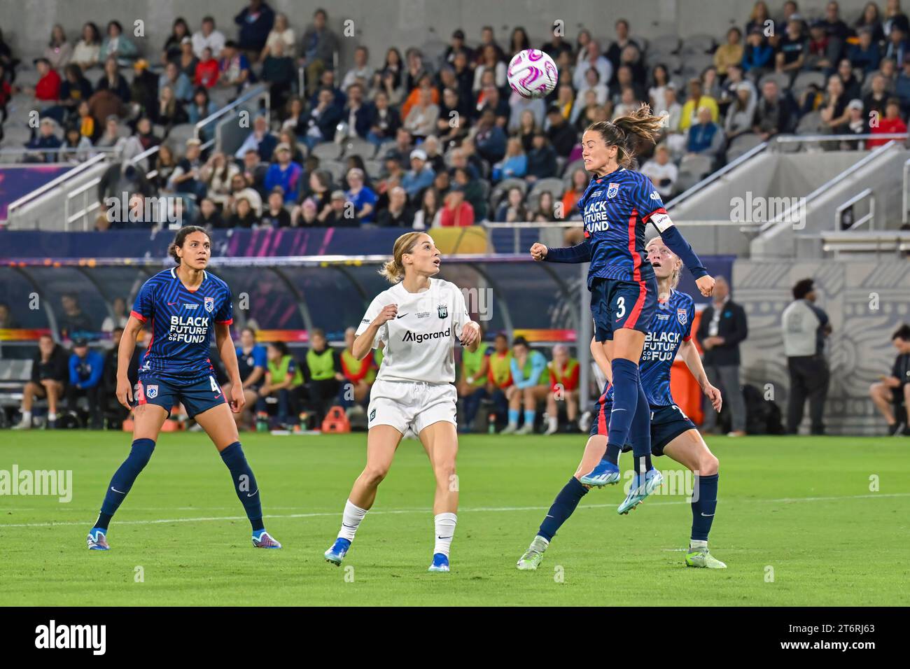 November 11, 2023: OL Reign defender Lauren Barnes (3) heads the ball ...